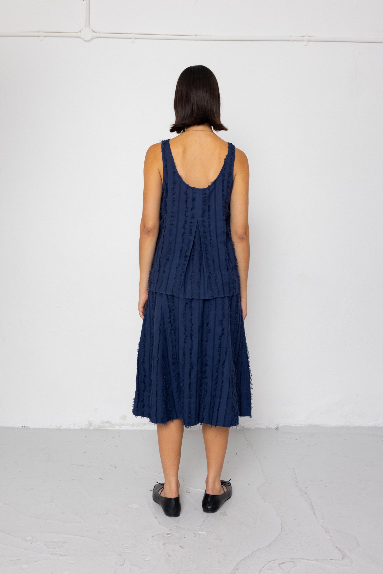 Folk Pleated Scoop Back Vest - Dark Navy Cutwork Stripe