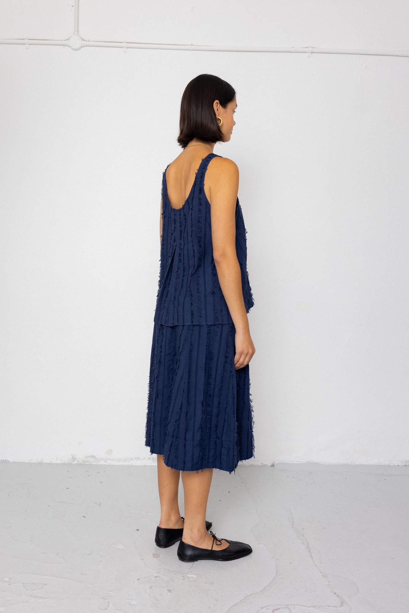 Folk Pleated Scoop Back Vest - Dark Navy Cutwork Stripe