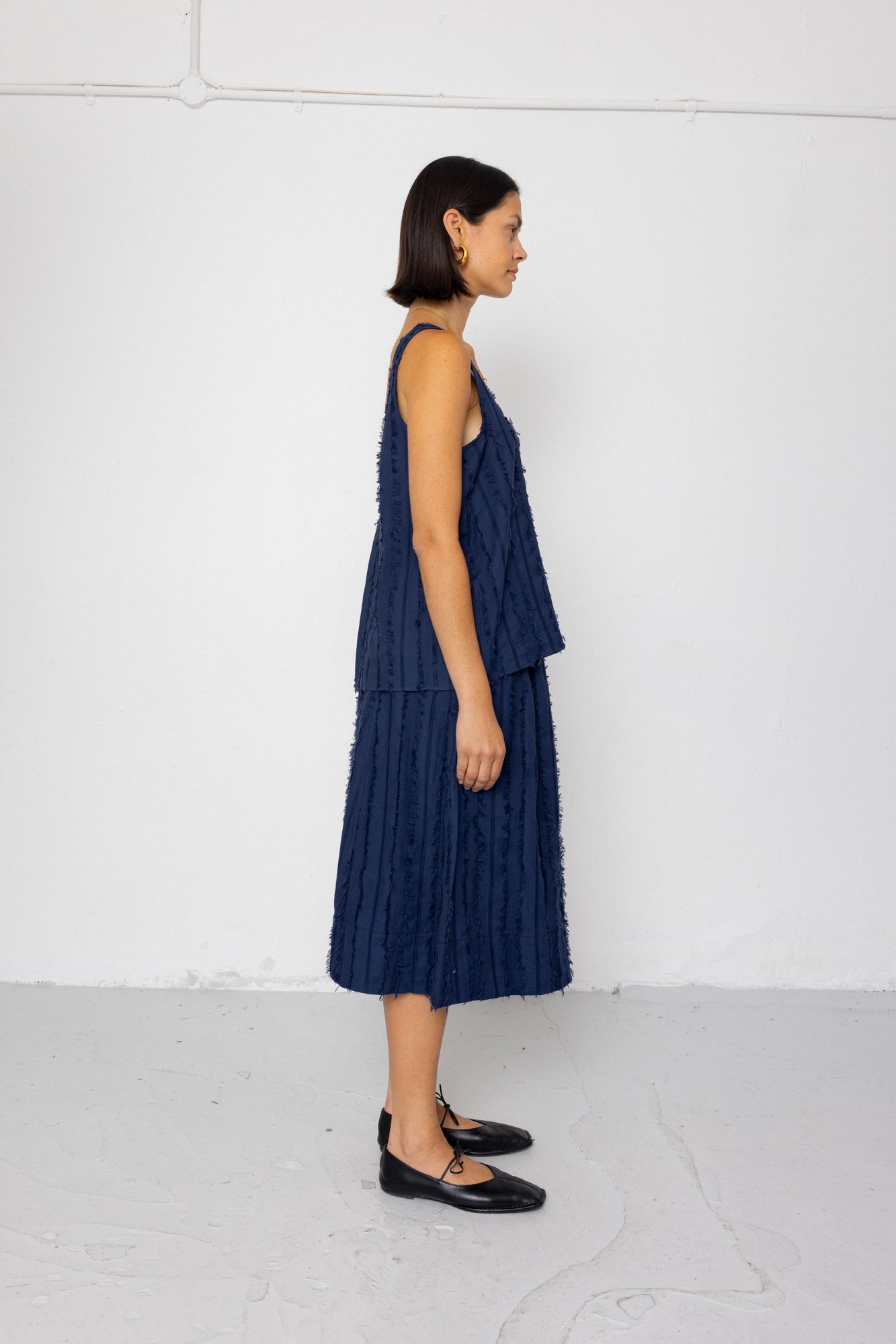 Folk Pleated Scoop Back Vest - Dark Navy Cutwork Stripe