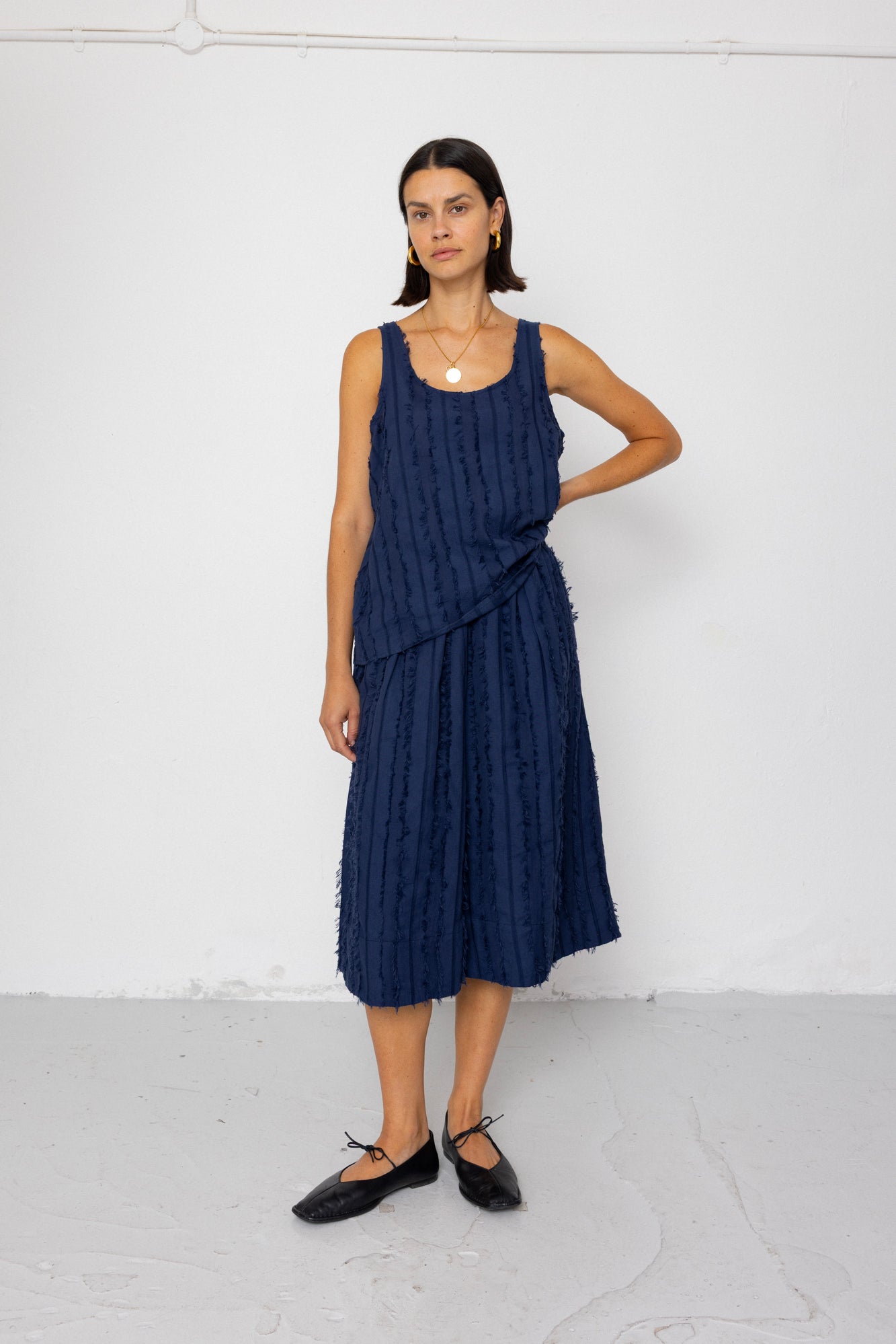 Folk Pleated Scoop Back Vest - Dark Navy Cutwork Stripe