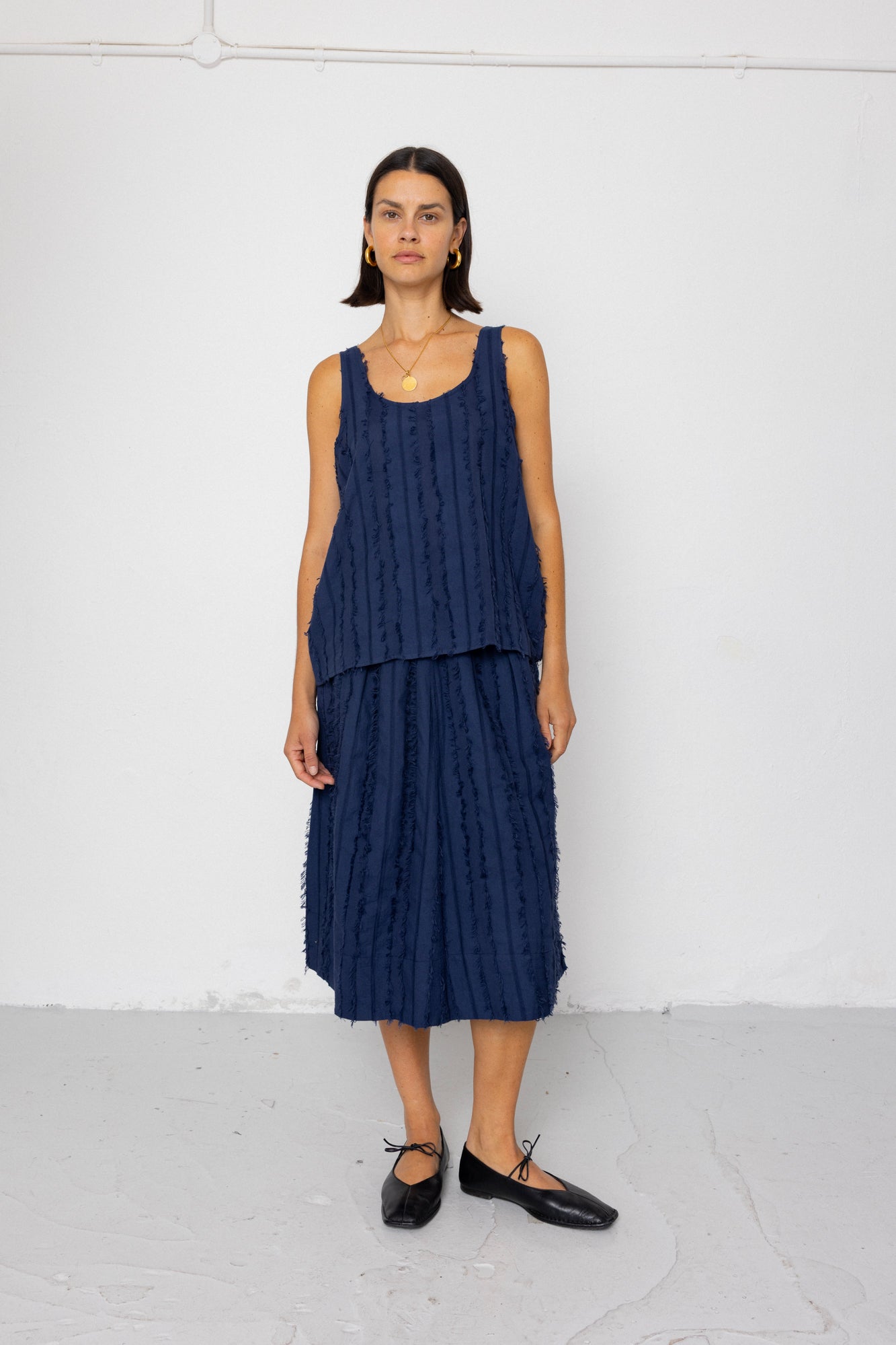 Folk Pleated Scoop Back Vest - Dark Navy Cutwork Stripe