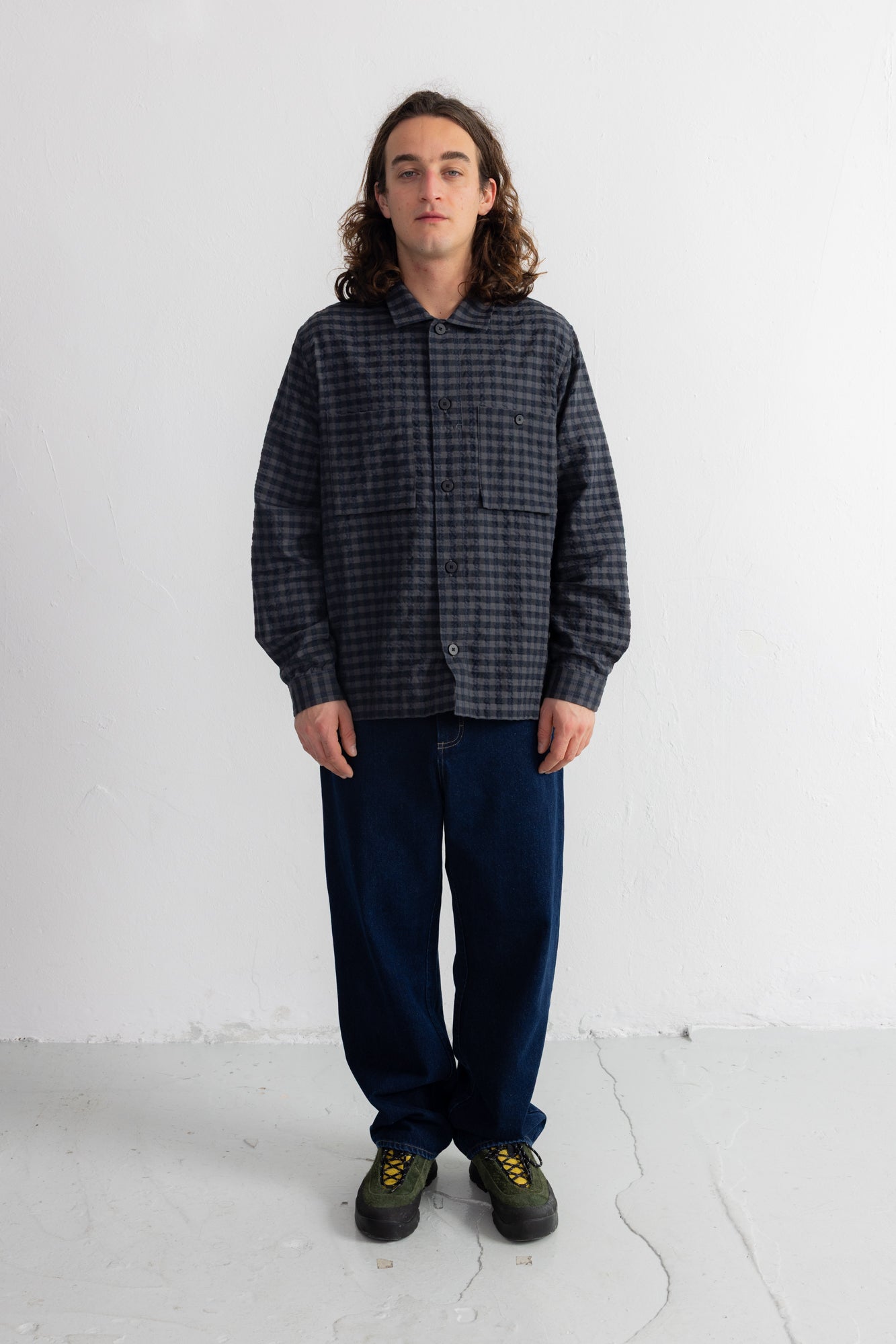 Folk Patch Overshirt - Navy Crinkle Check