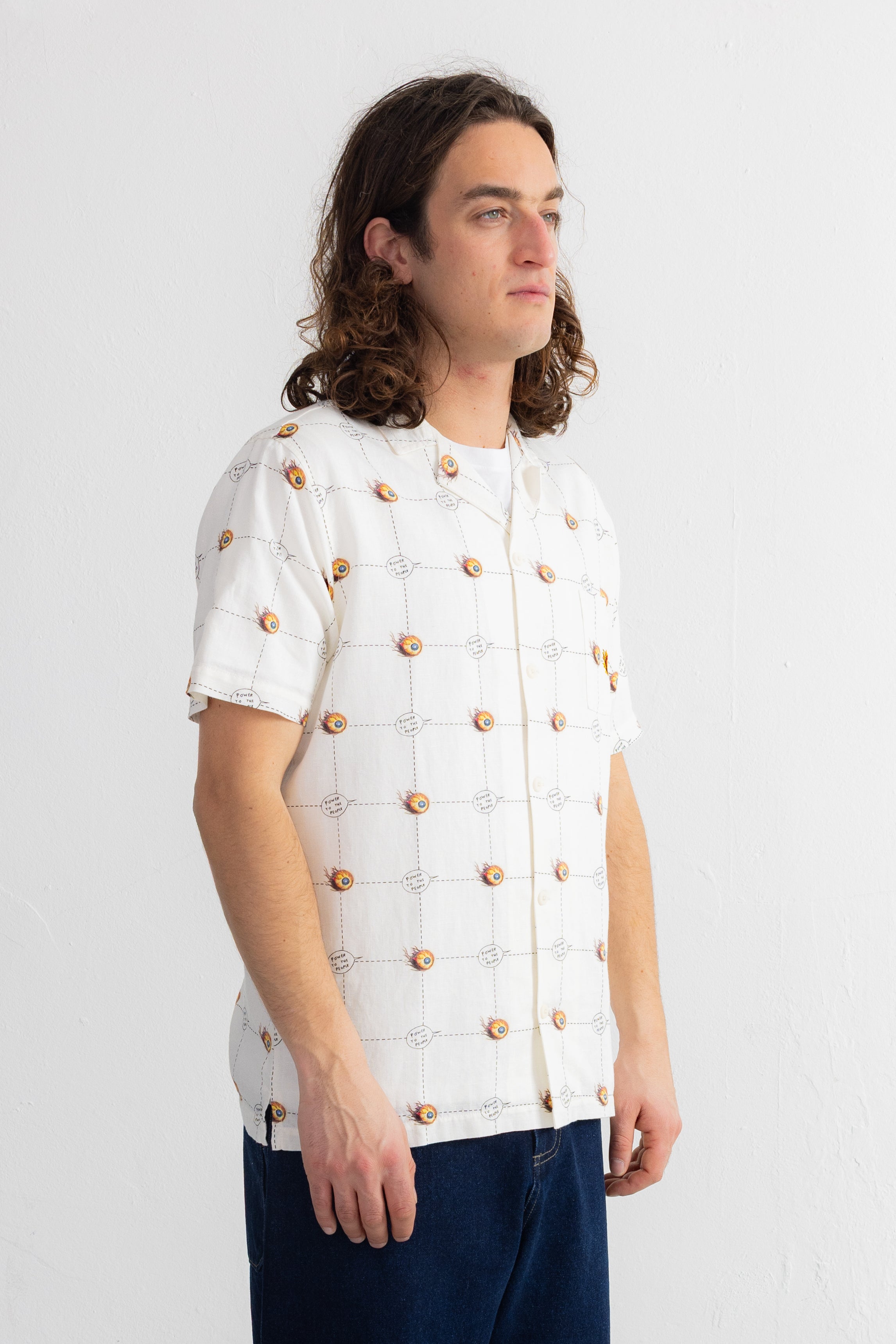 Folk Short Sleeve Soft Collar Shirt - Flaming Eye Grid | Daniel Johnston